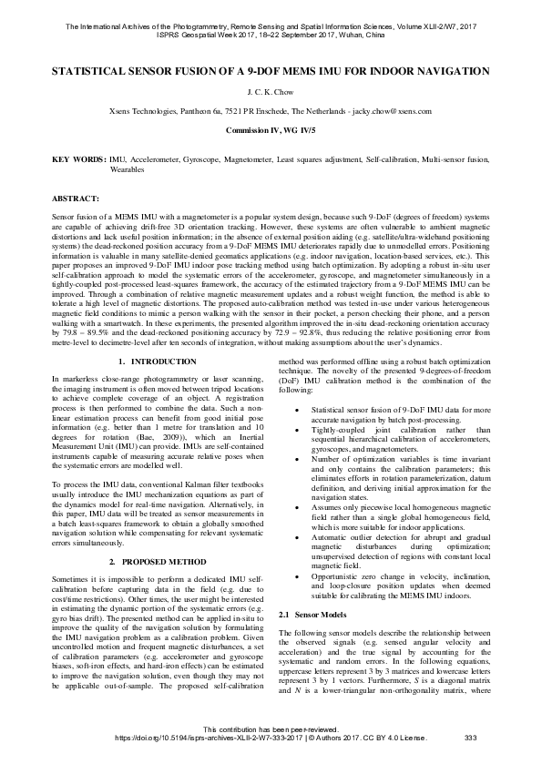 Pdf Statistical Sensor Fusion Of A 9 Dof Mems Imu For Indoor Navigation