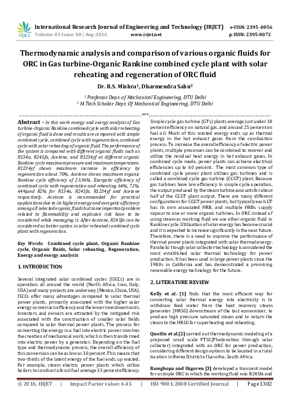 (PDF) Thermodynamic analysis and comparison of various organic fluids for ORC in Gas turbine ...