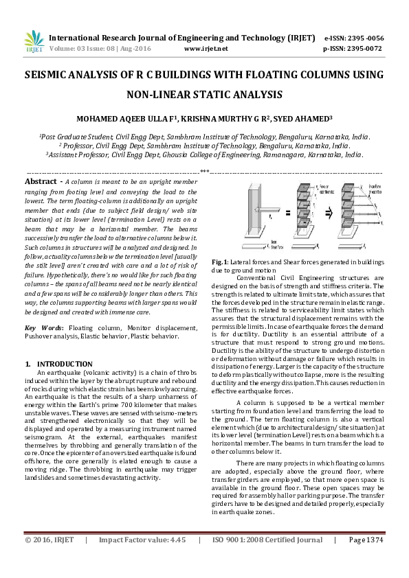 Pdf Seismic Analysis Of R C Buildings With Floating Columns Using Non Linear Static Analysis