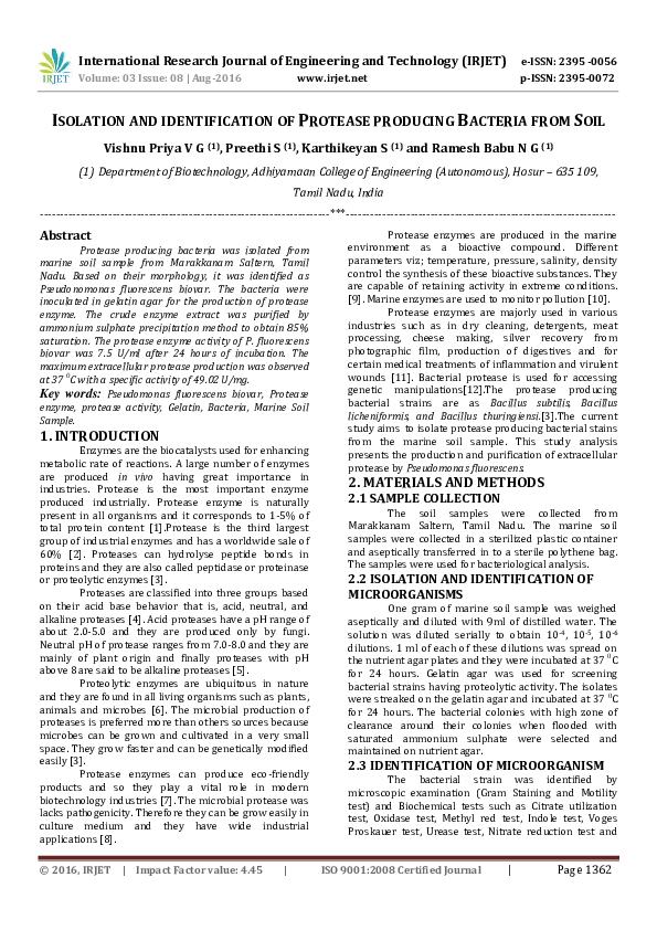 (PDF) ISOLATION AND IDENTIFICATION OF PROTEASE PRODUCING BACTERIA FROM SOIL