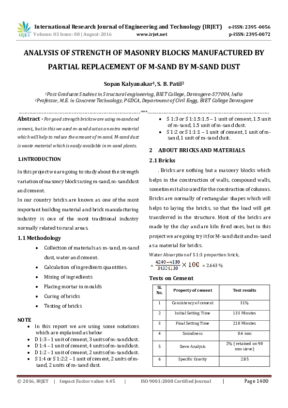 (PDF) ANALYSIS OF STRENGTH OF MASONRY BLOCKS MANUFACTURED BY PARTIAL ...