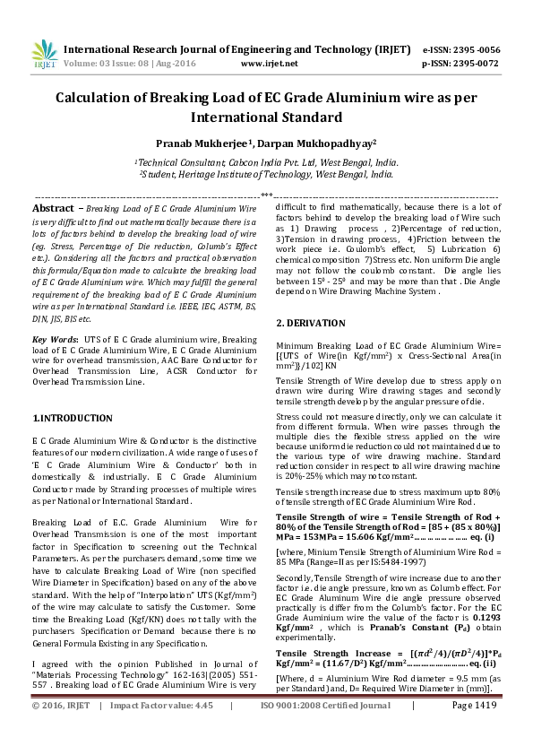 (PDF) Calculation of Breaking Load of EC Grade Aluminium wire as per ...