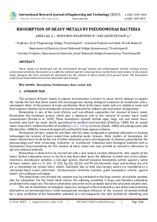 (PDF) BIOSORPTION OF HEAVY METALS BY PSEUDOMONAS BACTERIA