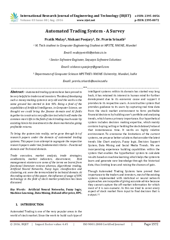 (PDF) Automated Trading System -A Survey