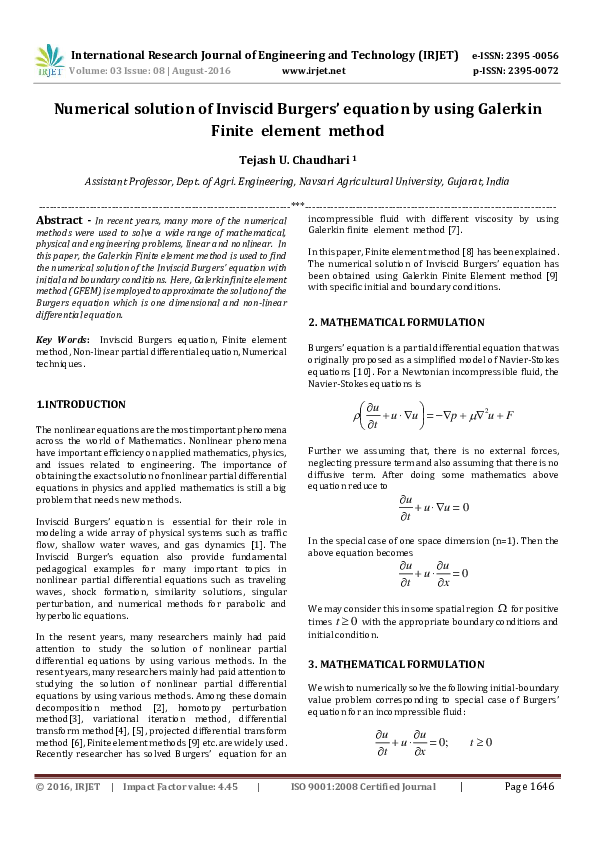 Pdf Numerical Solution Of Inviscid Burgers Equation By Using Galerkin Finite Element Method