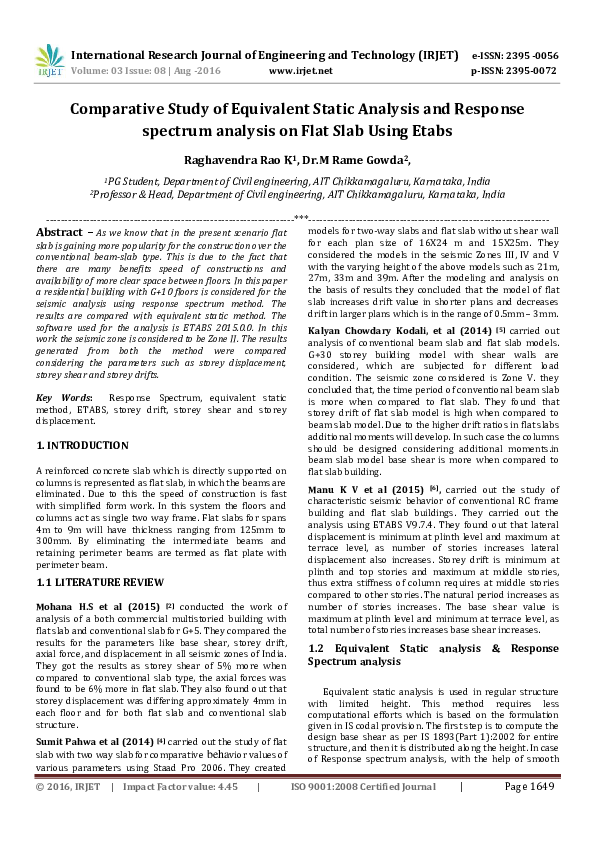 (PDF) Comparative Study of Equivalent Static Analysis and Response spectrum analysis on Flat ...