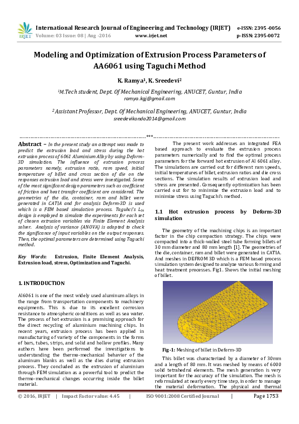 Pdf Modeling And Optimization Of Extrusion Process Parameters Of Aa6061 Using Taguchi Method