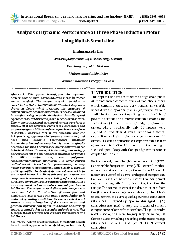 Pdf Analysis Of Dynamic Performance Of Three Phase Induction Motor Using Matlab Simulation
