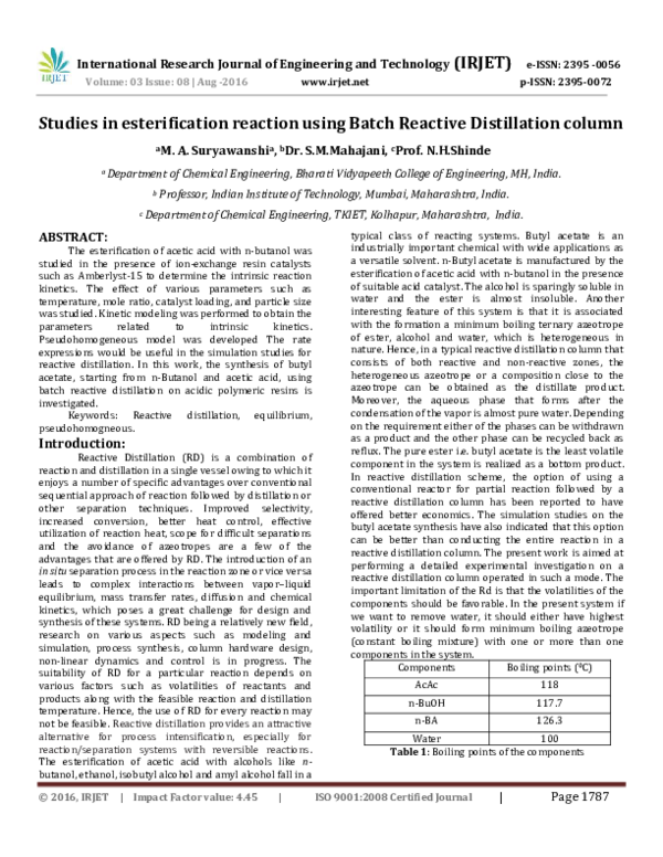 (PDF) Studies in esterification reaction using Batch Reactive Distillation column
