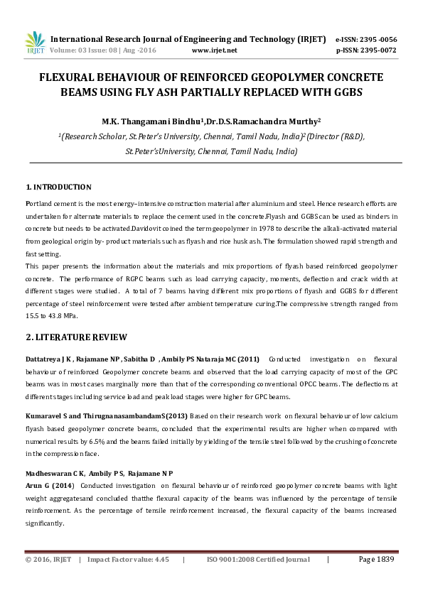 (PDF) FLEXURAL BEHAVIOUR OF REINFORCED GEOPOLYMER CONCRETE BEAMS USING ...