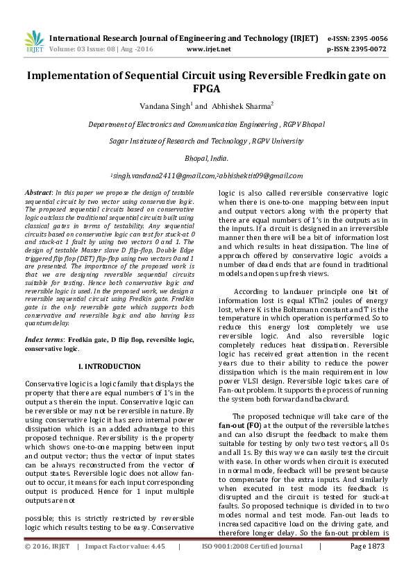Pdf Implementation Of Sequential Circuit Using Reversible Fredkin Gate On Fpga