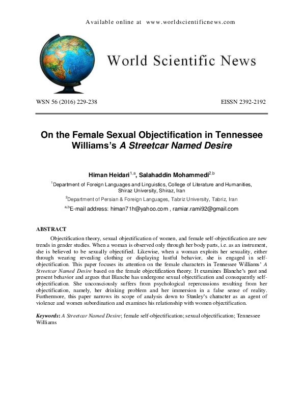 (PDF) On the Female Sexual Objectification in Tennessee Williams's A ...