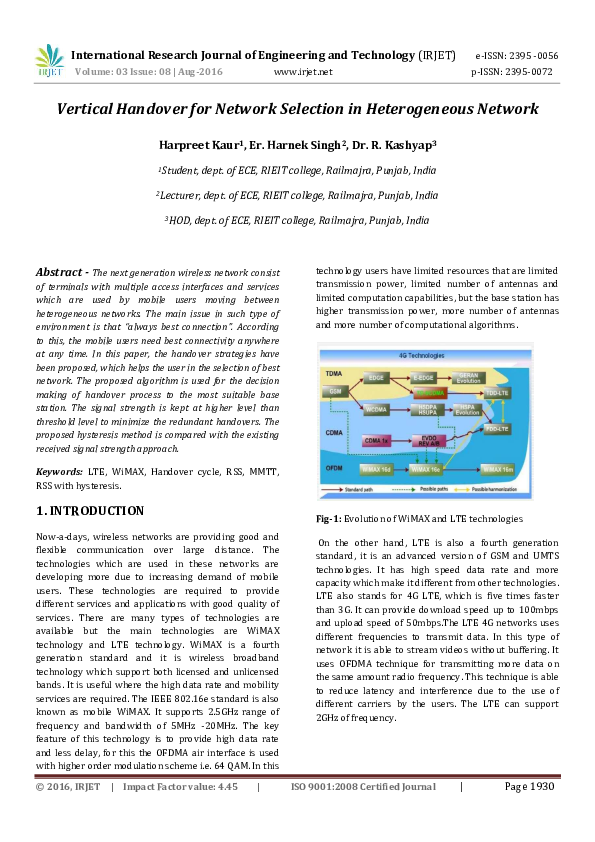 (PDF) Vertical Handover for Network Selection in Heterogeneous Network
