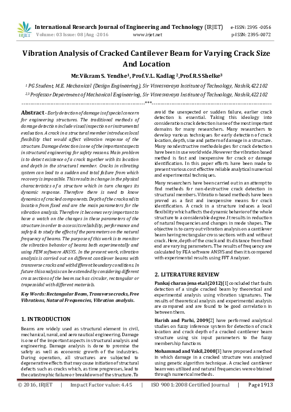 (PDF) Vibration Analysis of Cracked Cantilever Beam for Varying Crack Size And Location