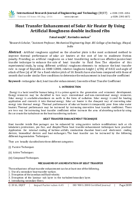 Pdf Heat Transfer Enhancement Of Solar Air Heater By Using Artificial