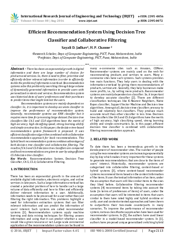 Pdf Efficient Recommendation System Using Decision Tree Classifier