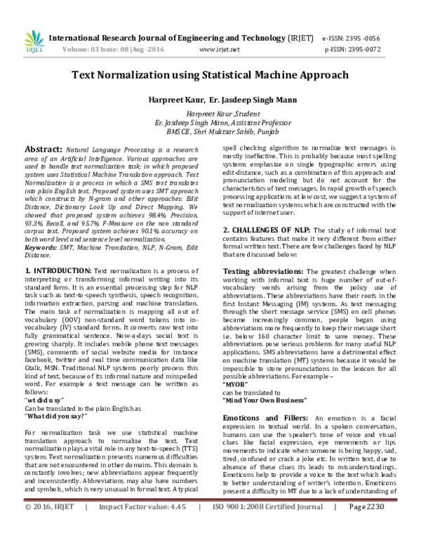 (PDF) Text Normalization using Statistical Machine Approach