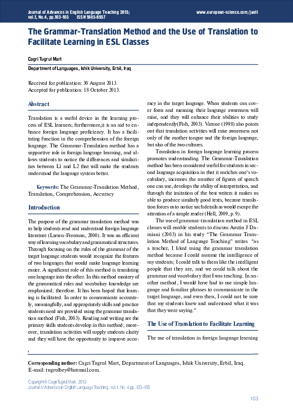 (PDF) The Grammar-Translation Method and the Use of Translation to ...