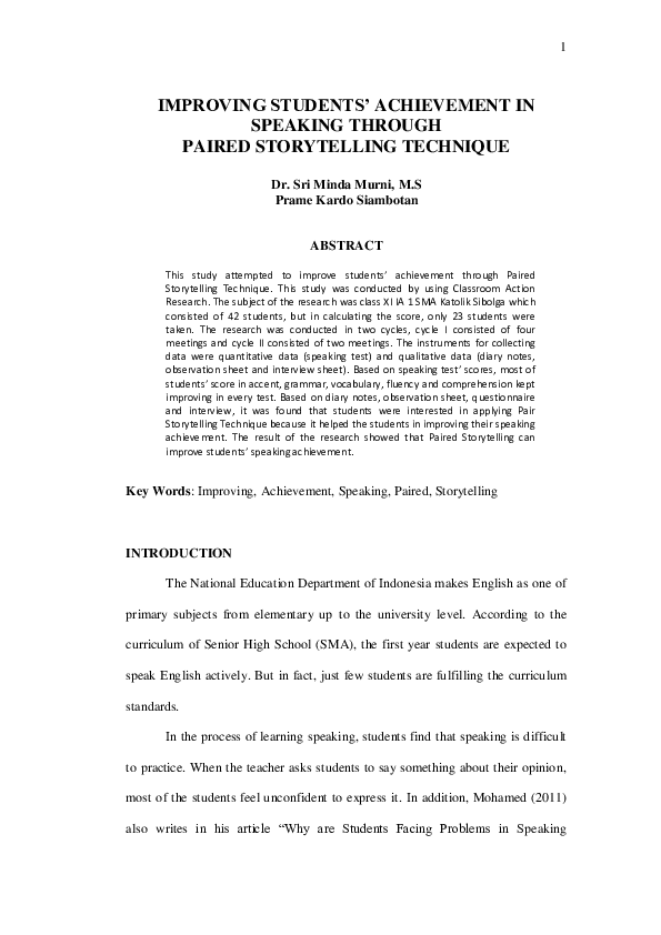 (PDF) IMPROVING STUDENTS' ACHIEVEMENT IN SPEAKING THROUGH PAIRED STORYTELLING TECHNIQUE