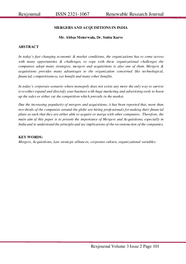 (PDF) MERGERS AND ACQUISITIONS IN INDIA