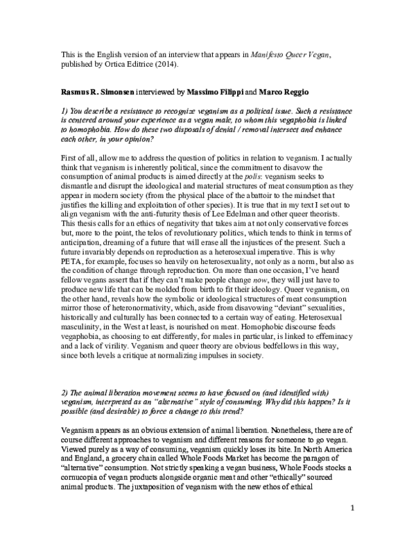 (PDF) Interview: Queer Veganism | Rasmus Simonsen and Marco Reggio ...