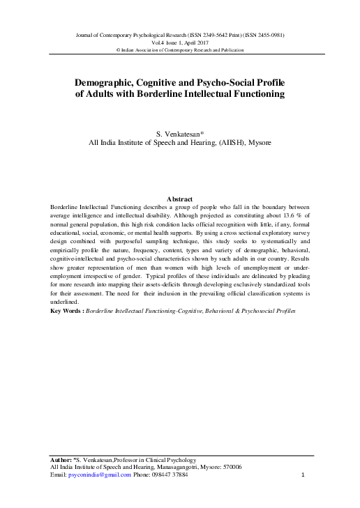 (PDF) Demographic, Cognitive and Psycho-Social Profile of Adults with ...