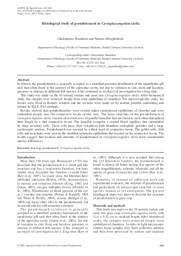 (PDF) Histological study of pseudobranch in Ctenopharyngodon idella