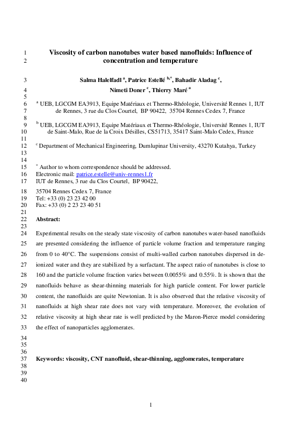 (PDF) Viscosity of carbon nanotubes water-based nanofluids: Influence of concentration and ...