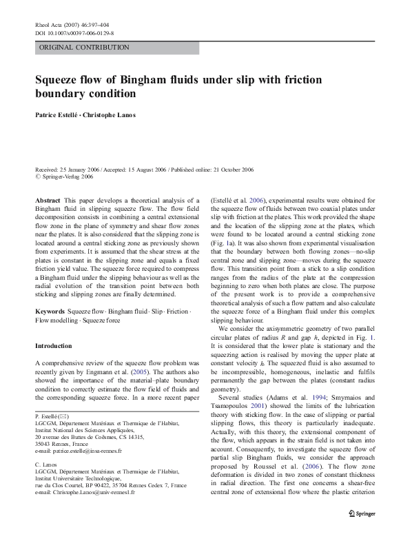 (PDF) Squeeze flow of Bingham fluids under slip with friction boundary condition