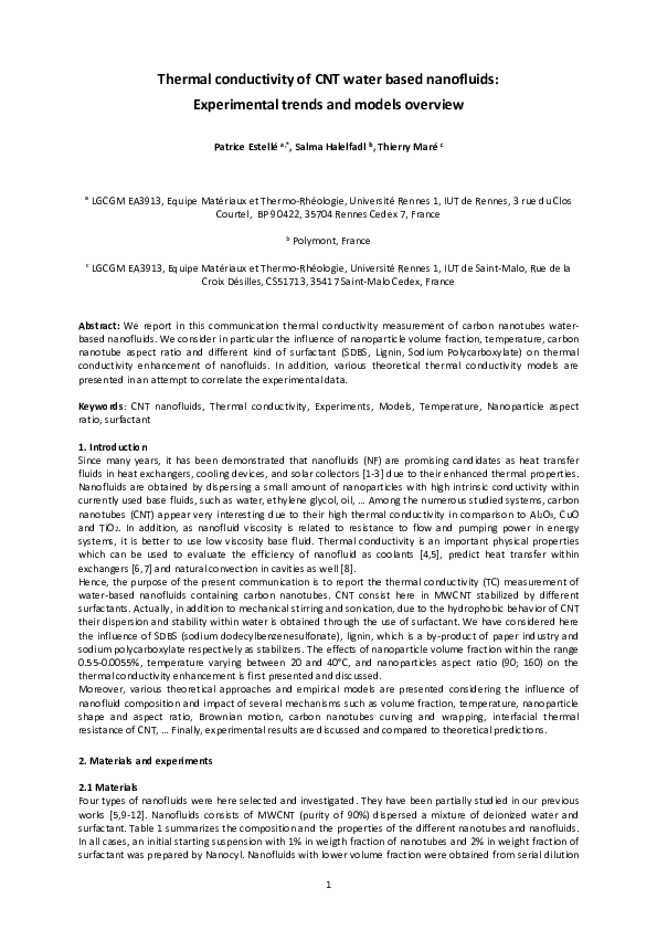 (PDF) Thermal conductivity of CNT water based nanofluids: Experimental trends and models overview
