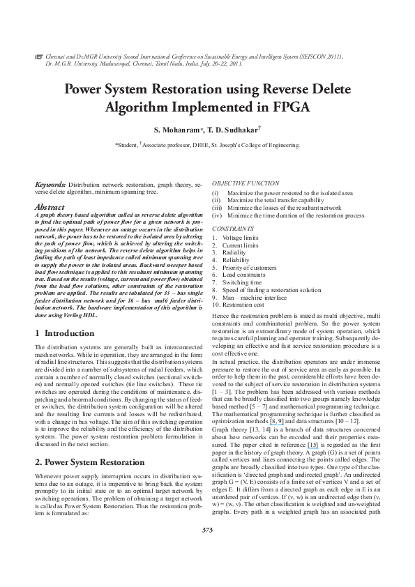 (PDF) Power System Restoration using Reverse Delete Algorithm ... (PDF) Power System Restoration using Reverse Delete Algorithm ...