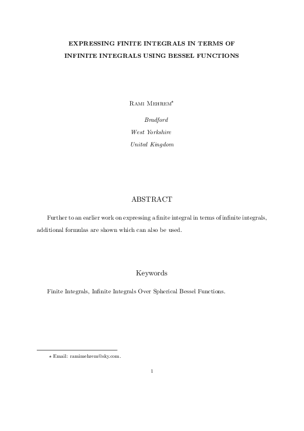 (PDF) EXPRESSING FINITE INTEGRALS IN TERMS OF INFINITE INTEGRALS USING ...