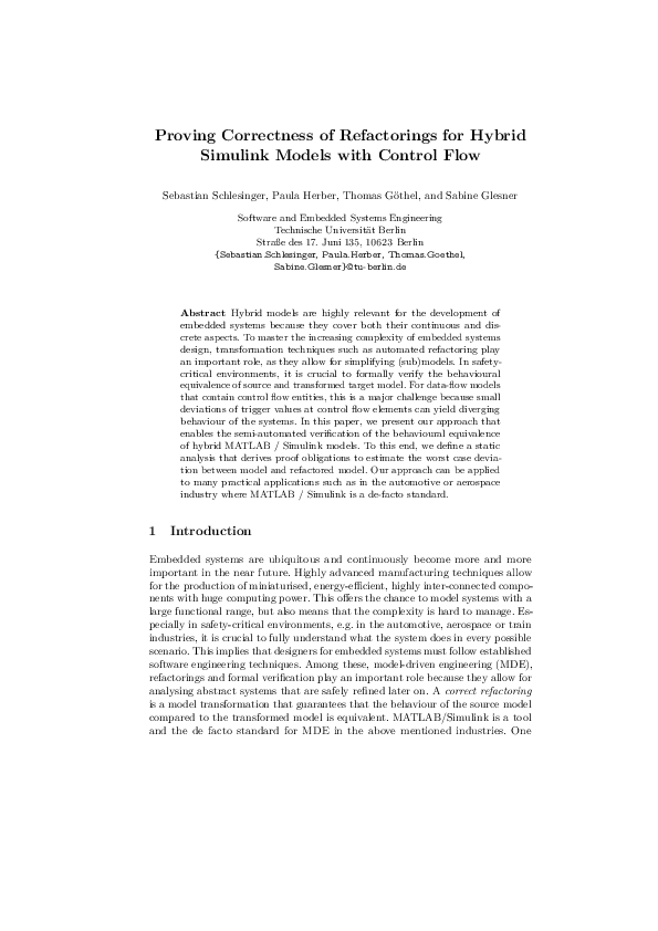 (PDF) Proving Correctness of Refactorings for Hybrid Simulink Models with Control Flow