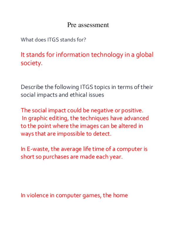 (DOC) Pre assessment What does ITGS stands for