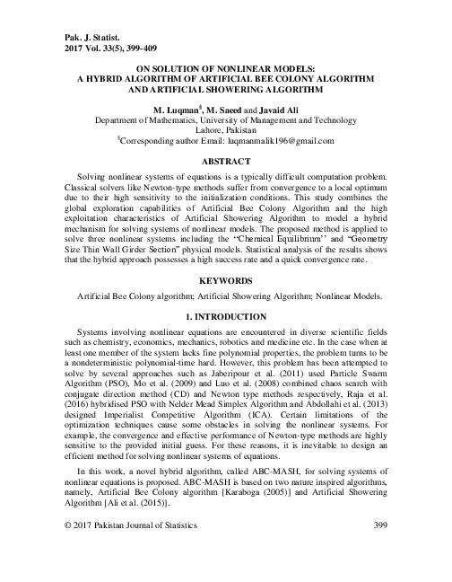 Pdf On Solution Of Nonlinear Models A Hybrid Algorithm Of Artificial
