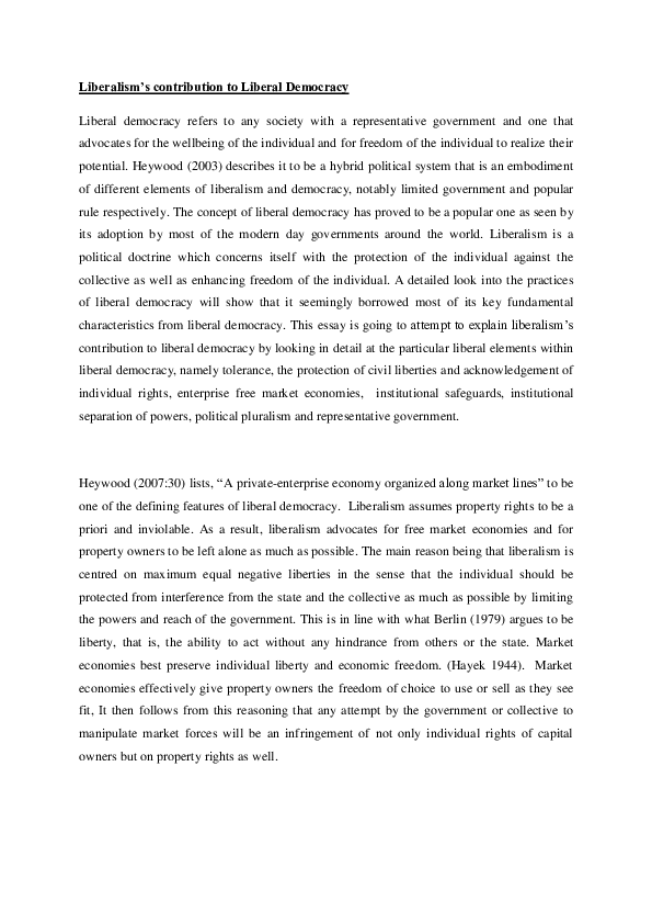 (DOC) Liberalism's contribution to Liberal Democracy