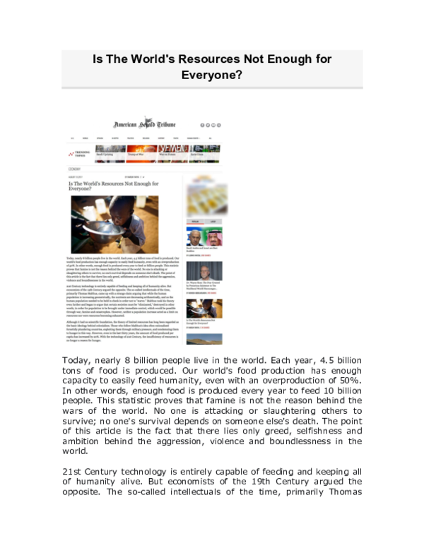 (PDF) Is The World's Resources Not Enough for Everyone?