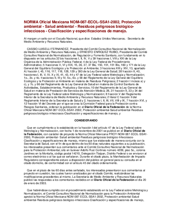 (PDF) NORMA Oficial Mexicana NOM-087-ECOL-SSA1-2002, Protección ambiental -Salud ambiental ...