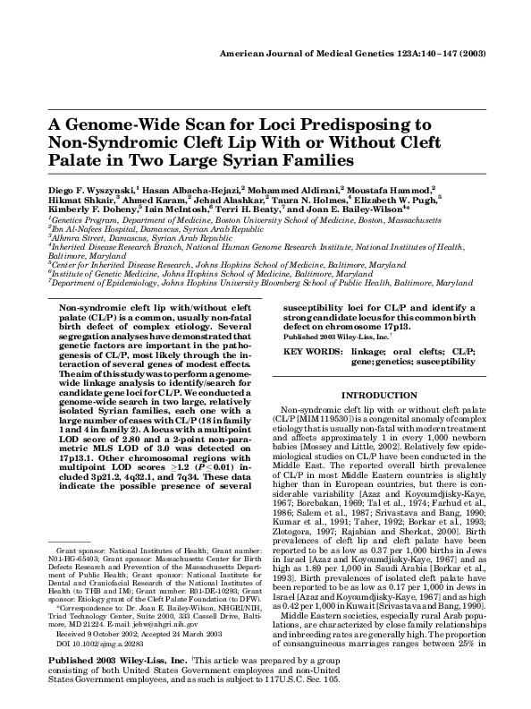 (PDF) A genome-wide scan for loci predisposing to non-syndromic cleft ...