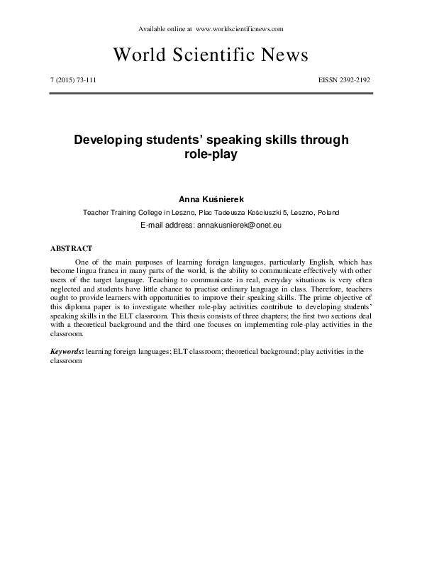 (PDF) Developing students' speaking skills through role-play