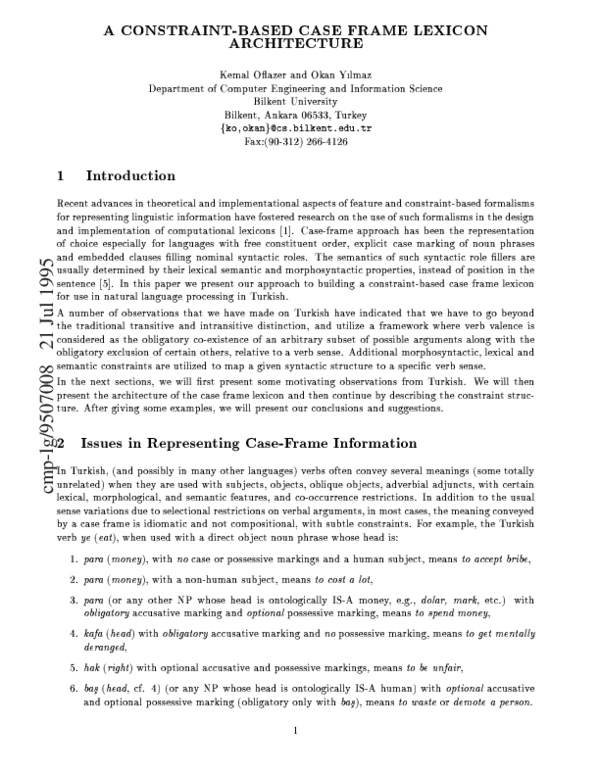 (PDF) A Constraint-based Case Frame Lexicon Architecture