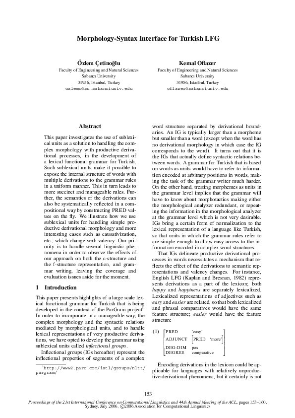 (PDF) Morphology-syntax interface for Turkish LFG