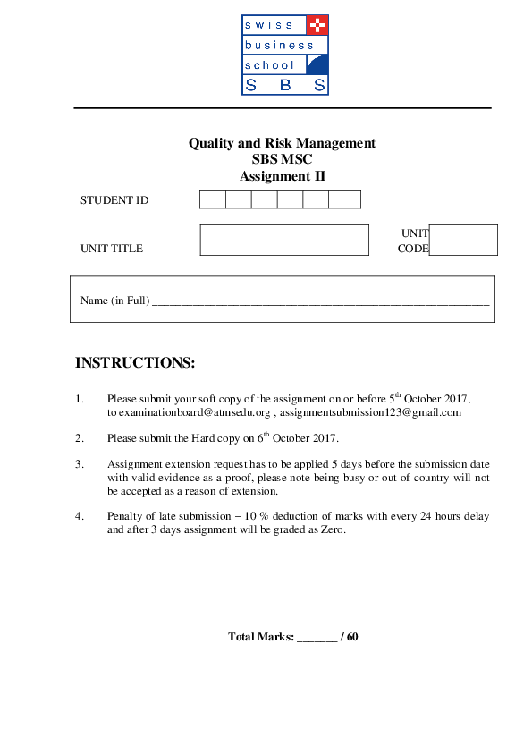 (PDF) Quality and Risk Management SBS MSC Assignment II INSTRUCTIONS