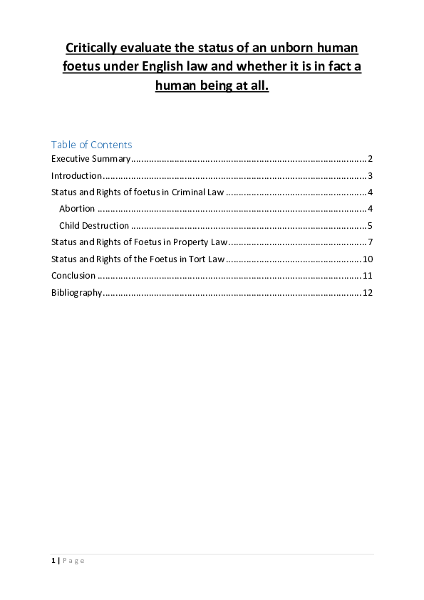 (DOC) Critically evaluate the status of an unborn human foetus under ...
