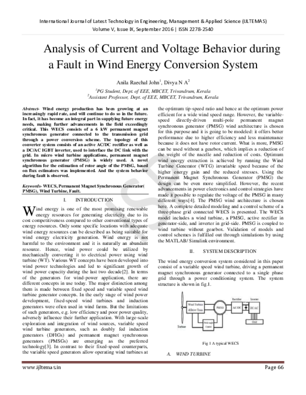 Pdf Analysis Of Current And Voltage Behavior During A Fault In Wind Energy Conversion System