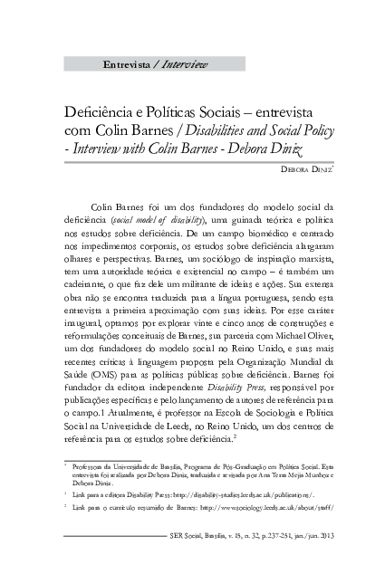 (PDF) Deficiência e Políticas Sociais – entrevista com Colin Barnes ...