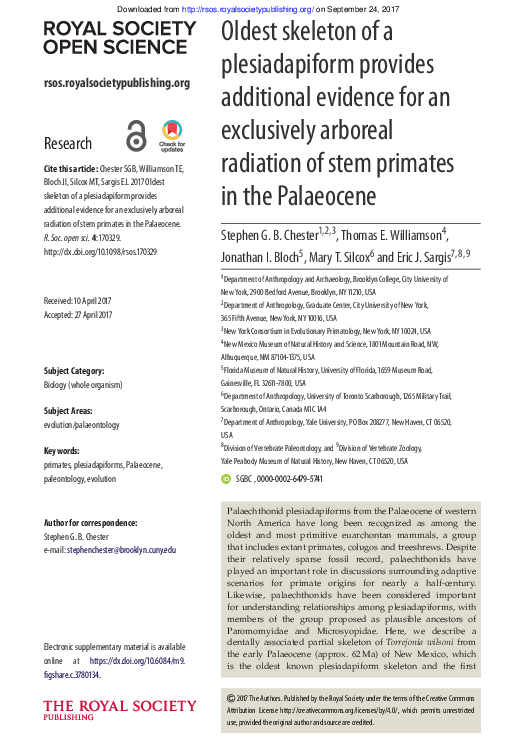(PDF) Oldest skeleton of a plesiadapiform provides additional evidence ...