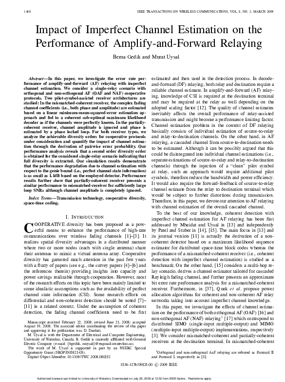 (PDF) Impact of imperfect channel estimation on the performance of amplify-and-forward relaying