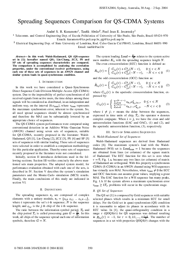 (PDF) Spreading sequences comparison for DS-CDMA systems