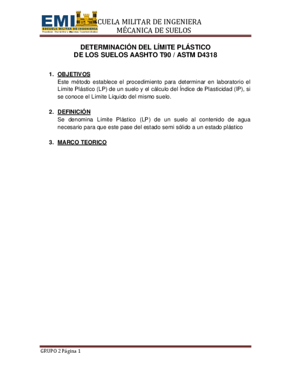 (DOC) DETERMINACIÓN DEL LÍMITE PLÁSTICO DE LOS SUELOS AASHTO T90 / ASTM ...